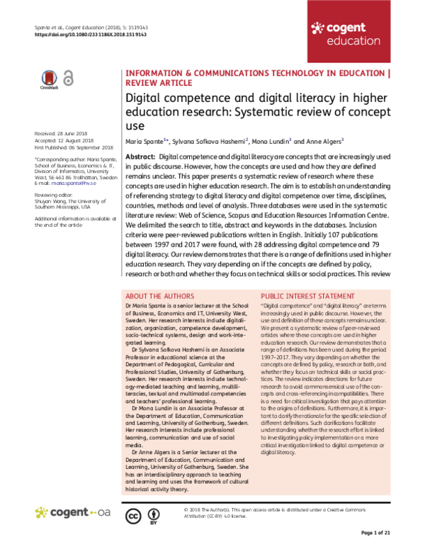 (PDF) Digital competence and digital literacy in higher education ...