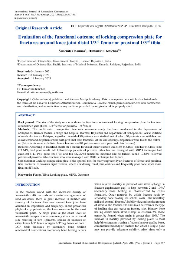 (PDF) Evaluation of the functional outcome of locking compression plate for fractures around ...