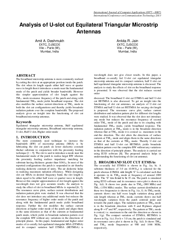 (PDF) Analysis of U-slot cut Equilateral Triangular Microstrip Antennas