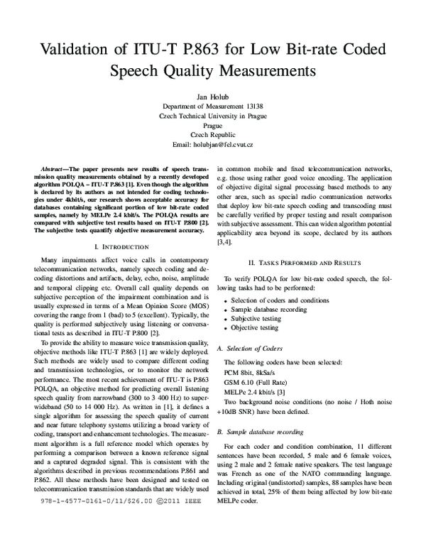 Pdf Validation Of Itu T P863 For Low Bit Rate Coded Speech Quality