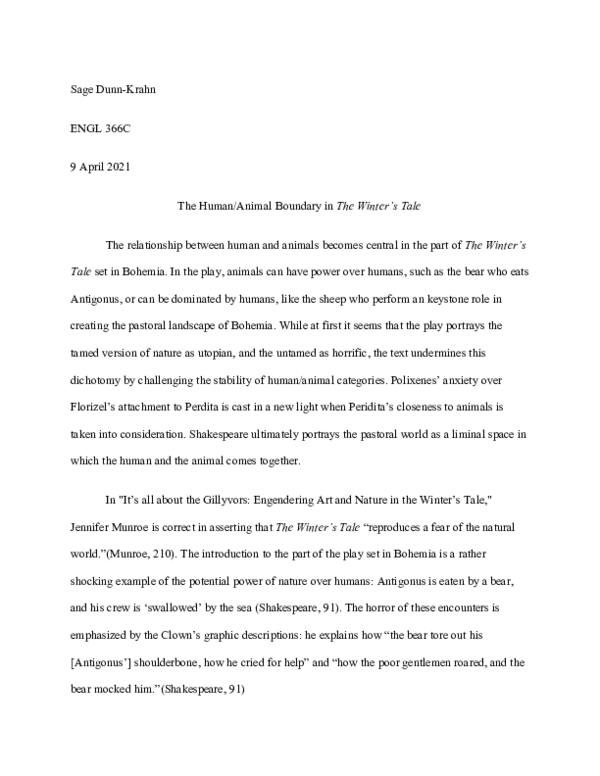 (DOC) The Human Animal Boundary in The Winter’s Tale (1)