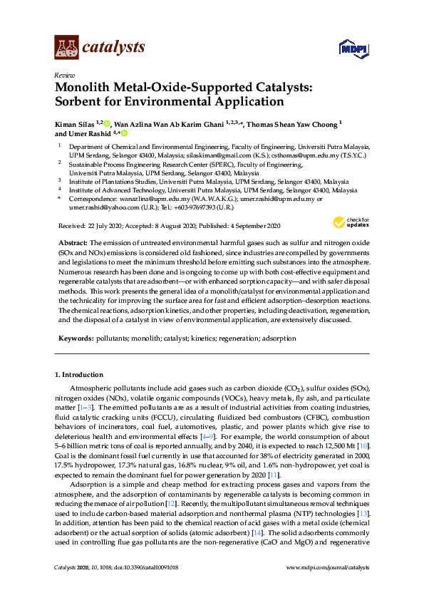 (PDF) Monolith Metal-Oxide-Supported Catalysts: Sorbent for ...