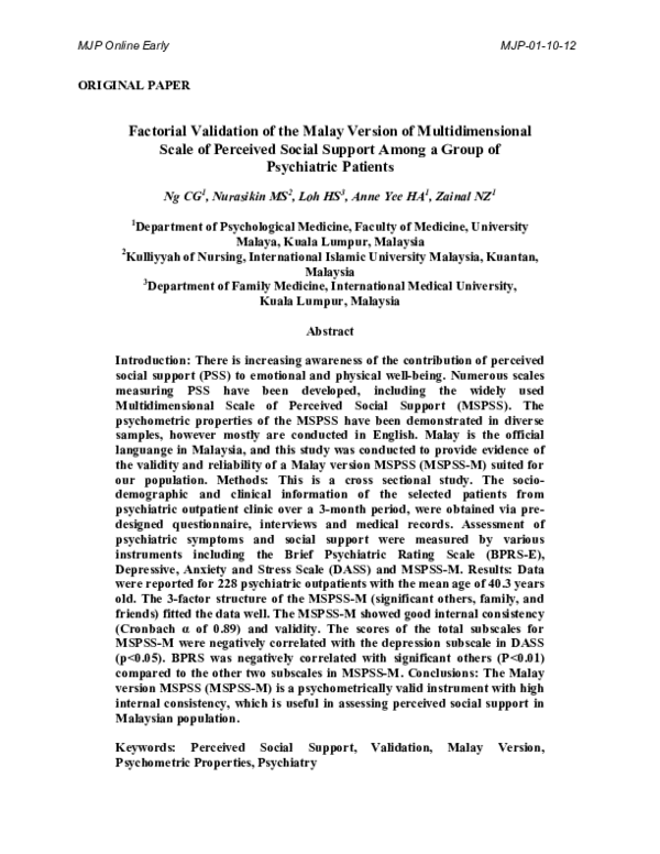 (PDF) Factorial Validation of the Malay Version of Multidimensional Scale of Perceived Social ...