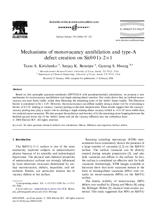 (PDF) Mechanisms of monovacancy annihilation and type-A defect creation on Si(001)?2$times;1