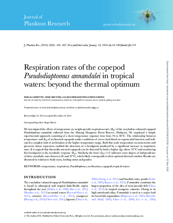 (PDF) Respiration rates of the copepod Pseudodiaptomus annandalei in ...