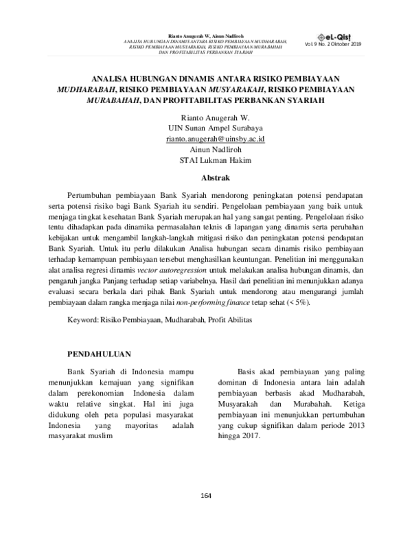 (PDF) Analisa Hubungan Dinamis antara Risiko Pembiayaan Mudharabah, Risiko Pembiayaan Musyarakah ...