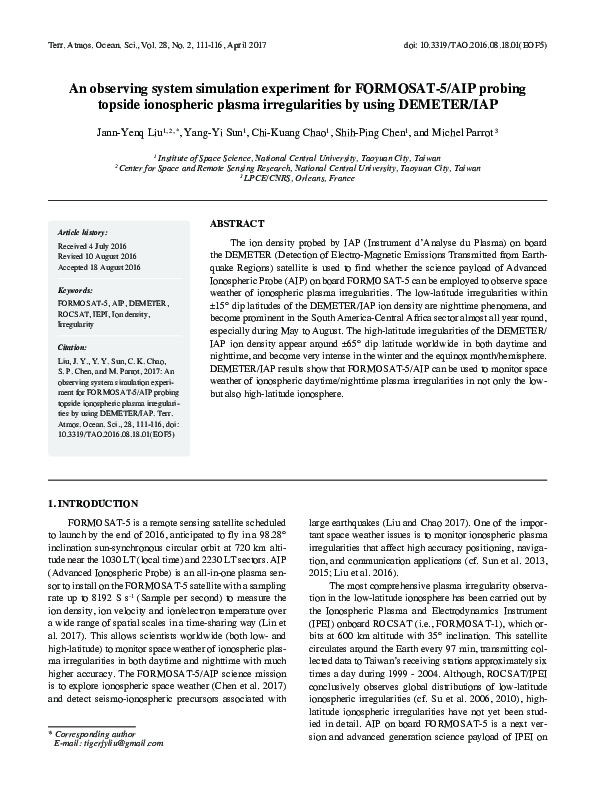 (PDF) An observing system simulation experiment for FORMOSAT-5/AIP probing topside ionospheric ...