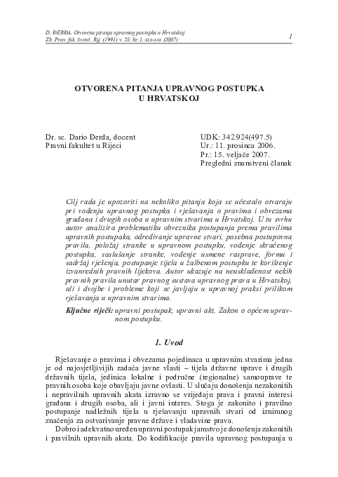 (PDF) Otvorena pitanja upravnog postupka u Hrvatskoj | Dario Derda - Academia.edu