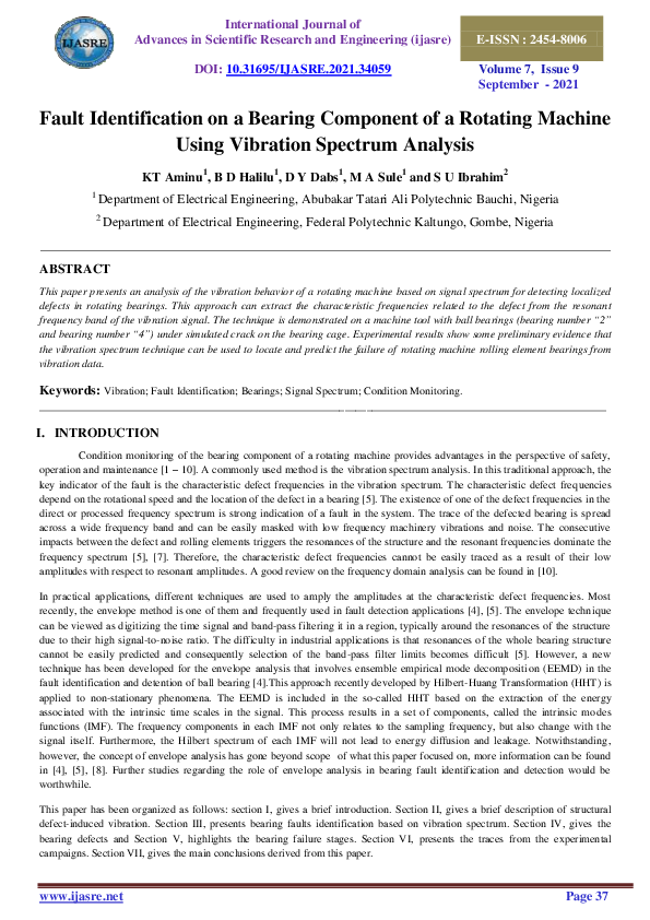 Pdf Fault Identification On A Bearing Component Of A Rotating Machine Using Vibration Spectrum