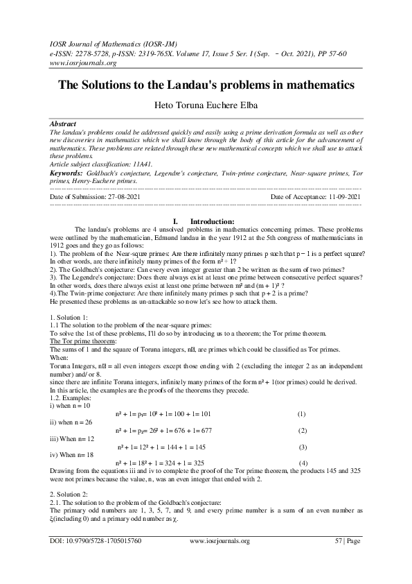 (PDF) The Solutions to the Landau's problems in mathematics