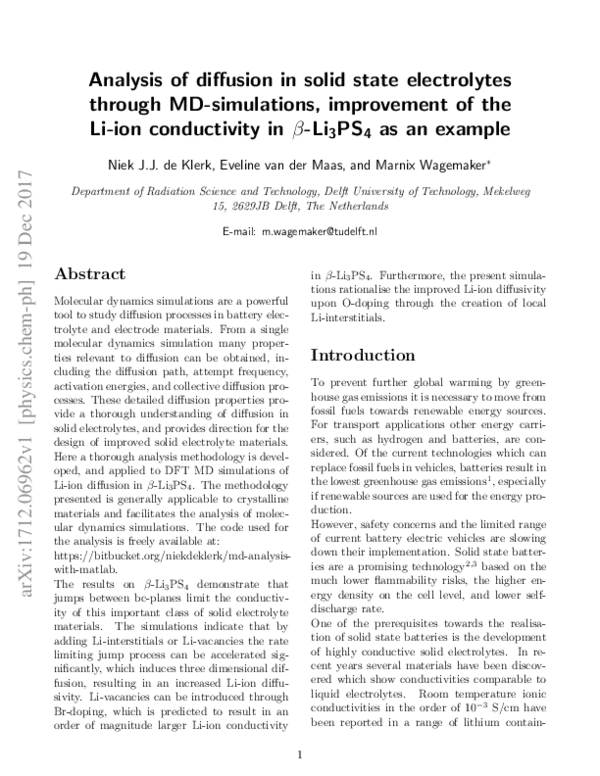 (PDF) Analysis of Diffusion in Solid-State Electrolytes through MD ...
