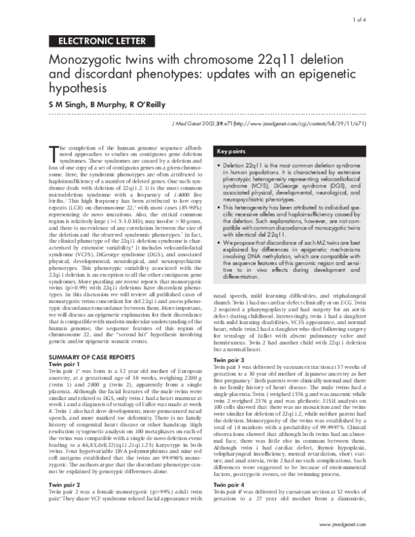 (PDF) Monozygotic twins with chromosome 22q11 deletion and discordant ...