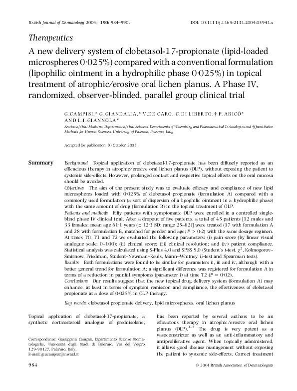 (PDF) A new delivery system of clobetasol-17-propionate (lipid-loaded microspheres 0.025% ...