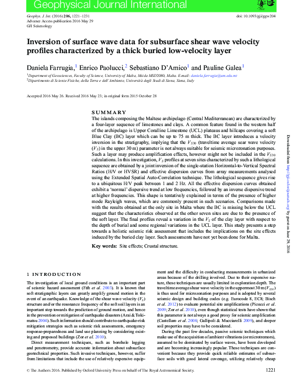 (PDF) Inversion of surface wave data for subsurface shear wave velocity profiles characterized ...
