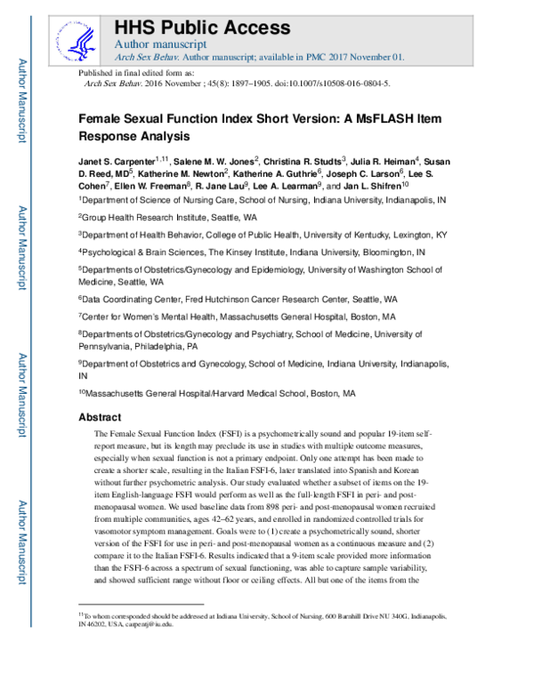 (PDF) Female Sexual Function Index Short Version: A MsFLASH Item ...