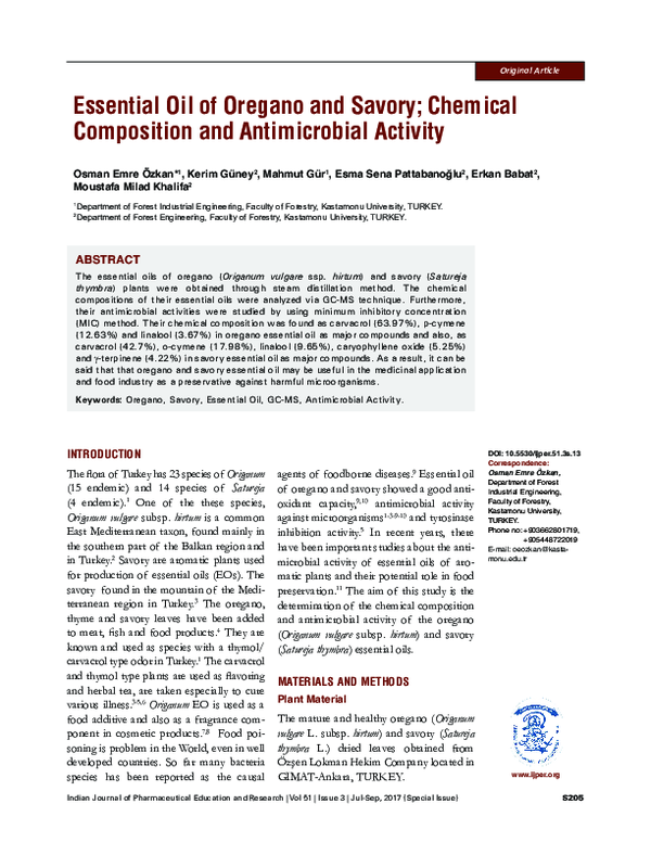 (PDF) Essential Oil of Oregano and Savory; Chemical Composition and ...