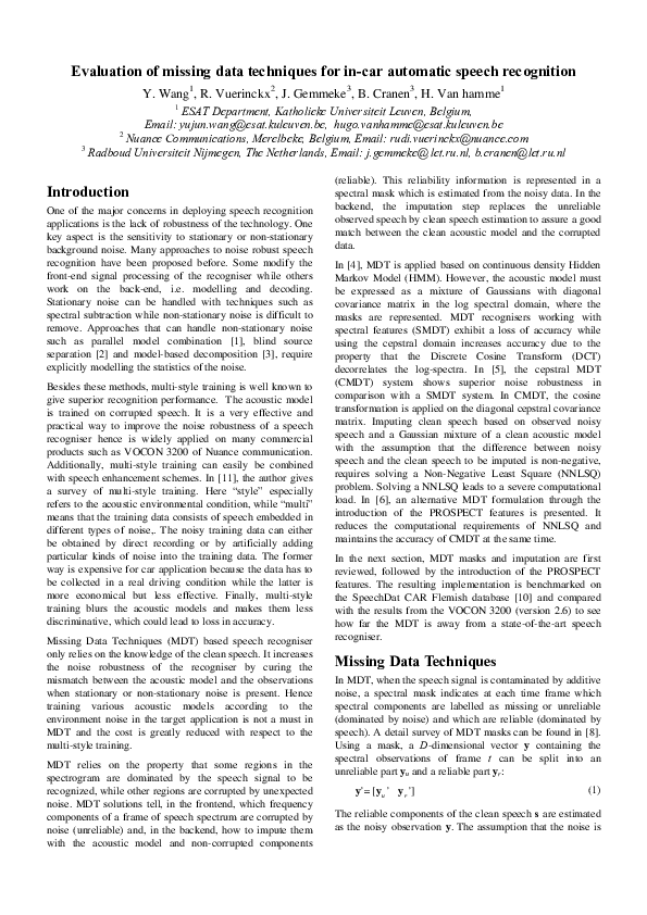 Pdf Evaluation Of Missing Data Techniques For In Car Automatic Speech Recognition Bert