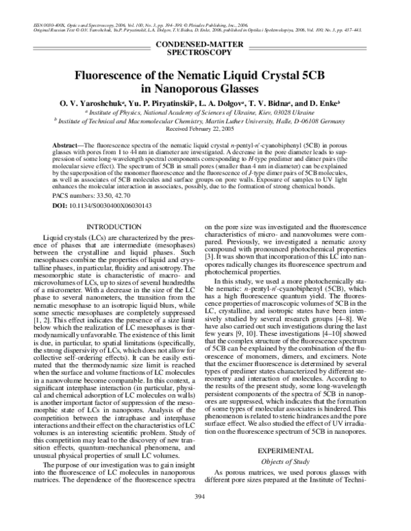 (PDF) Fluorescence of the nematic liquid crystal 5CB in nanoporous glasses