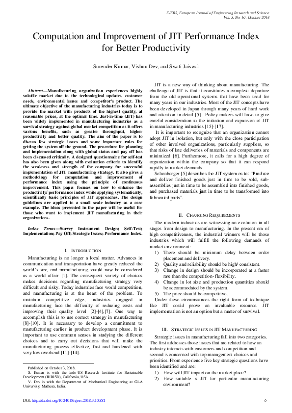 Pdf Computation And Improvement Of Jit Performance Index For Better Productivity