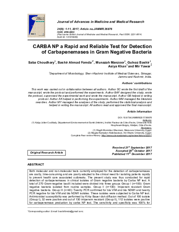 (PDF) CARBA NP a Rapid and Reliable Test for Detection of ...