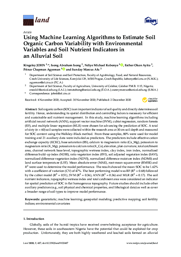 (PDF) Using Machine Learning Algorithms to Estimate Soil Organic Carbon ...
