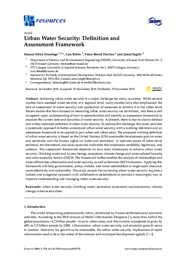 (PDF) Urban Water Security: Definition and Assessment Framework