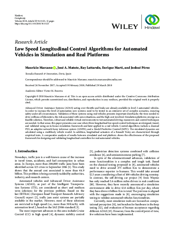 (PDF) Low Speed Longitudinal Control Algorithms for Automated Vehicles in Simulation and Real ...