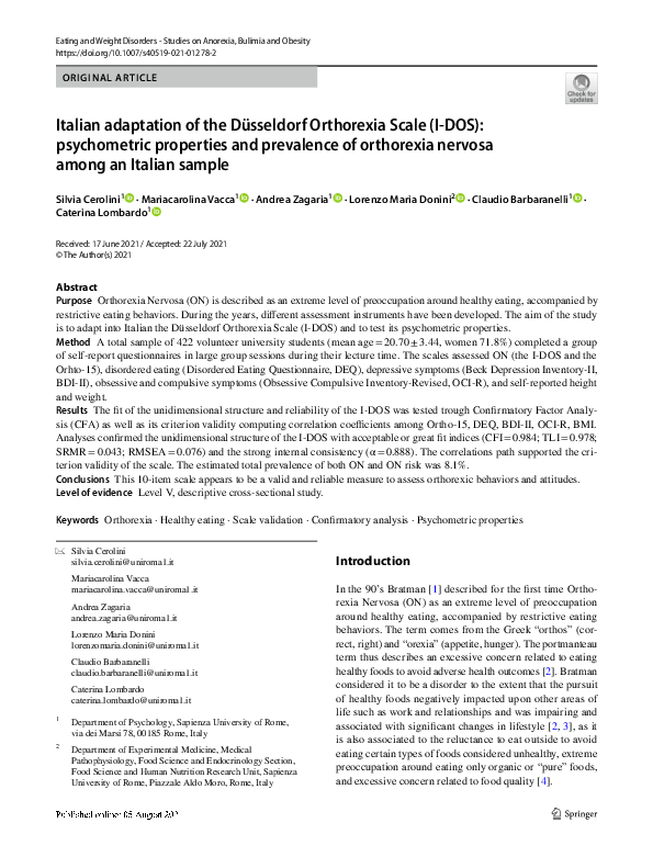 (PDF) Italian adaptation of the Düsseldorf Orthorexia Scale (I-DOS): psychometric properties and ...
