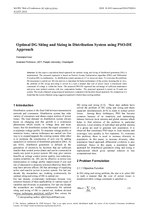 Pdf Optimal Dg Siting And Sizing In Distribution System Using Pso De