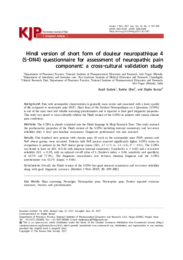 (PDF) Hindi version of short form of douleur neuropathique 4 (S-DN4 ...