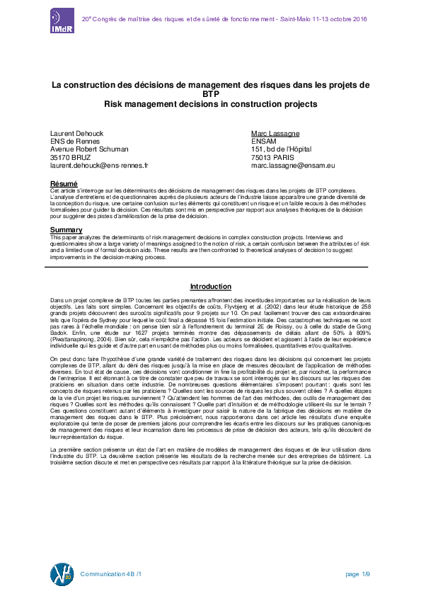 (PDF) La construction des décisions de management des risques dans les projets de BTP