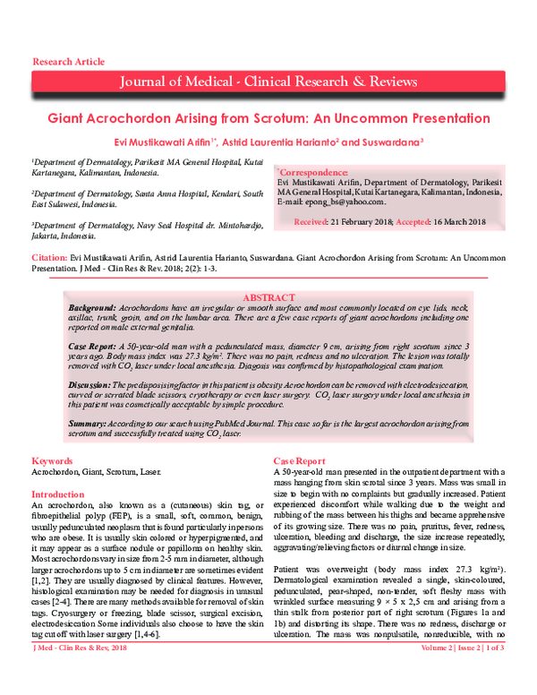 (PDF) Giant Acrochordon Arising from Scrotum: An Uncommon Presentation