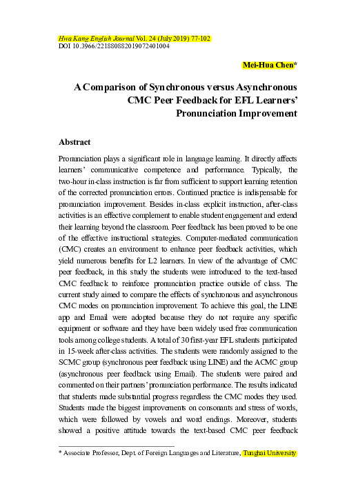 (PDF) A Comparison of Synchronous versus Asynchronous CMC Peer Feedback ...