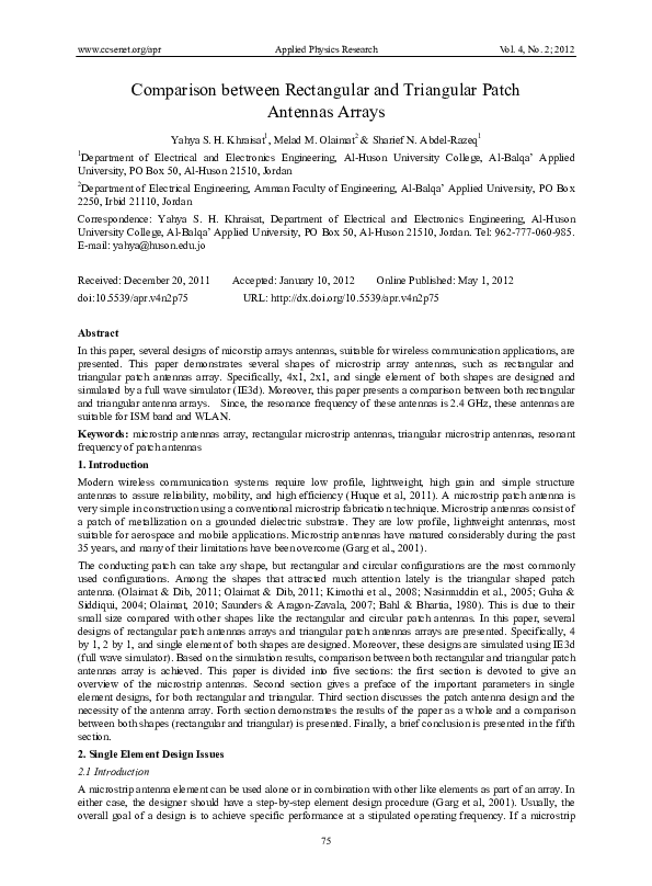 (PDF) Comparison between Rectangular and Triangular Patch Antennas Arrays