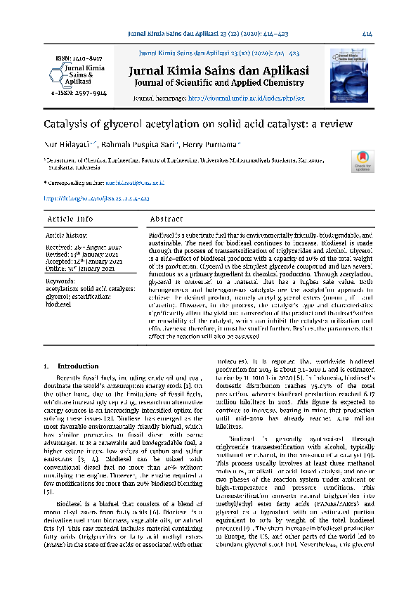 (PDF) Catalysis of glycerol acetylation on solid acid catalyst: a review
