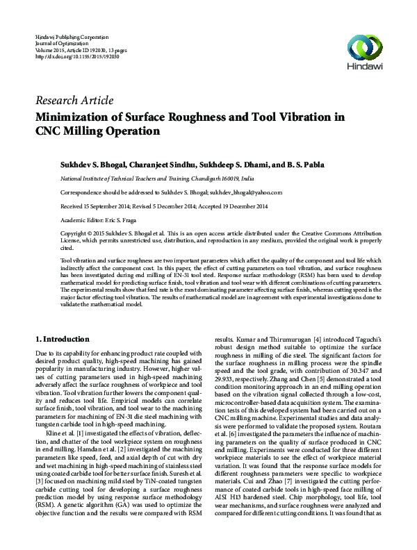 Pdf Minimization Of Surface Roughness And Tool Vibration In Cnc
