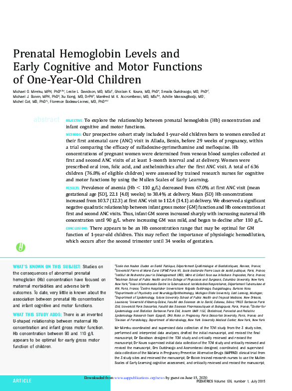 (PDF) Prenatal Hemoglobin Levels and Early Cognitive and Motor ...