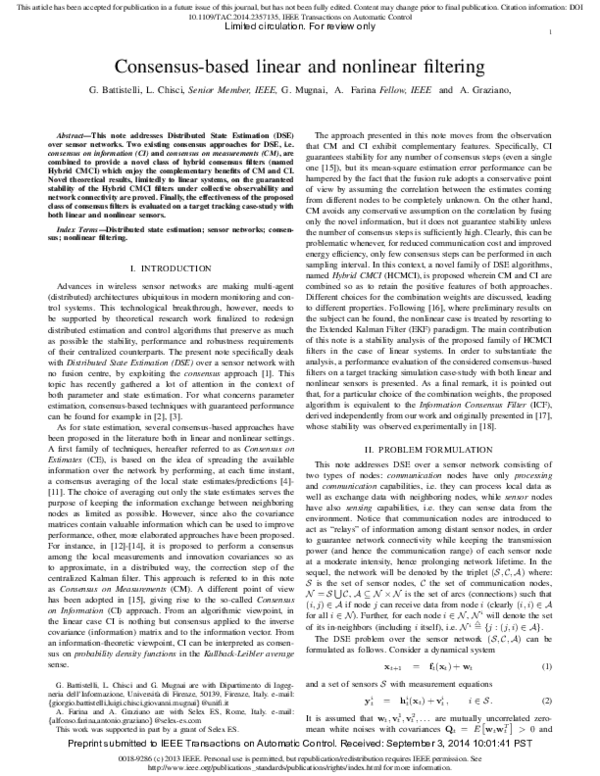 Pdf Consensus Based Linear And Nonlinear Filtering