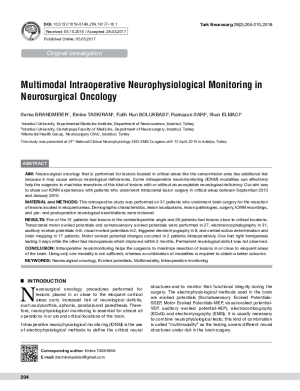 (PDF) Multimodal intraoperative neurophysiologic monitoring in the neurosurgical oncology
