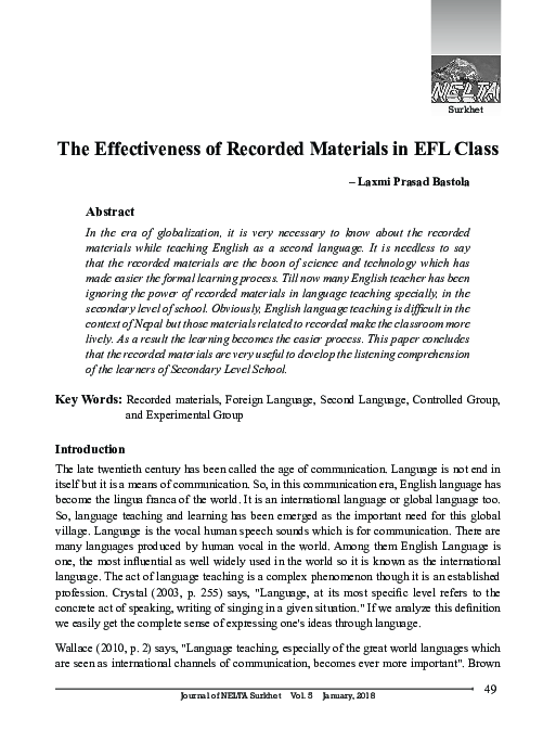 (PDF) The Effectiveness of Recorded Materials in EFL Class | Laxmi ...