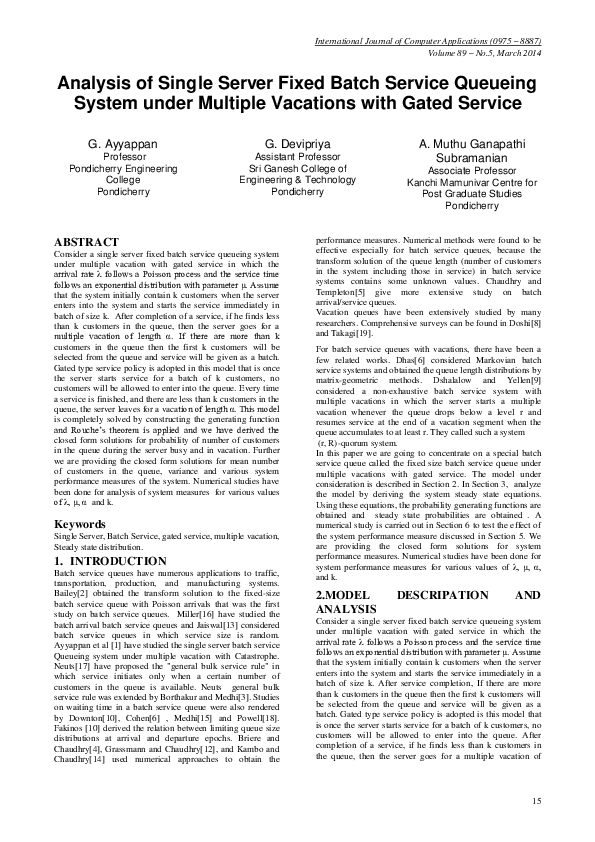 Pdf Analysis Of Single Server Fixed Batch Service Queueing System Under Multiple Vacations