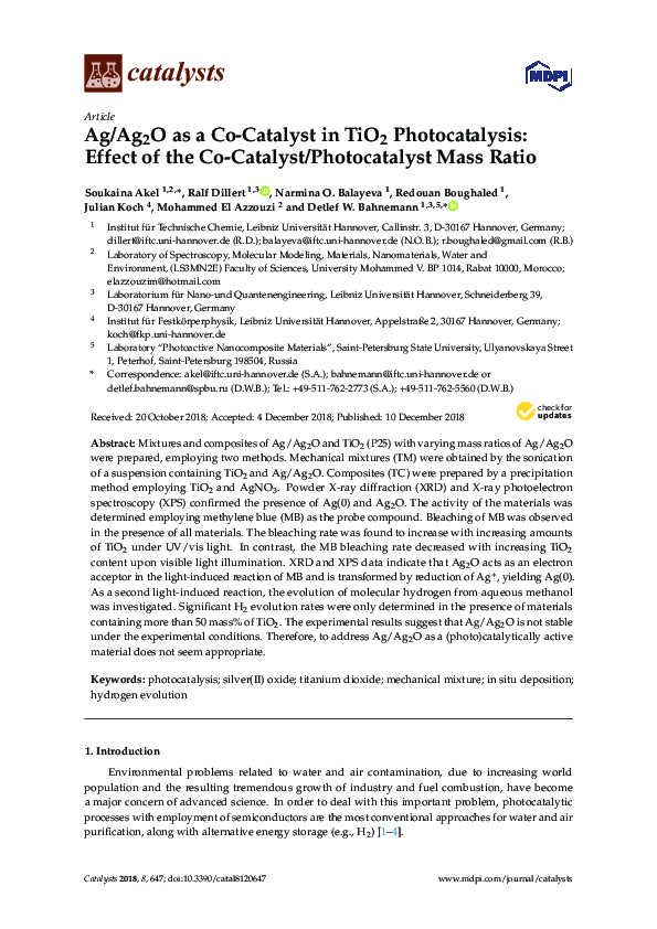 (PDF) Ag/Ag2O as a Co-Catalyst in TiO2 Photocatalysis: Effect of the Co ...