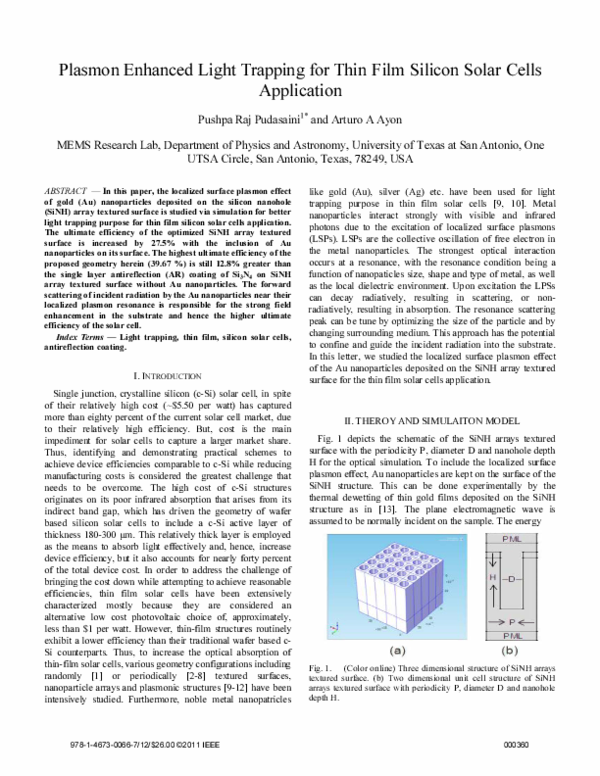 (PDF) Plasmon enhanced light trapping for thin film silicon solar cells ...