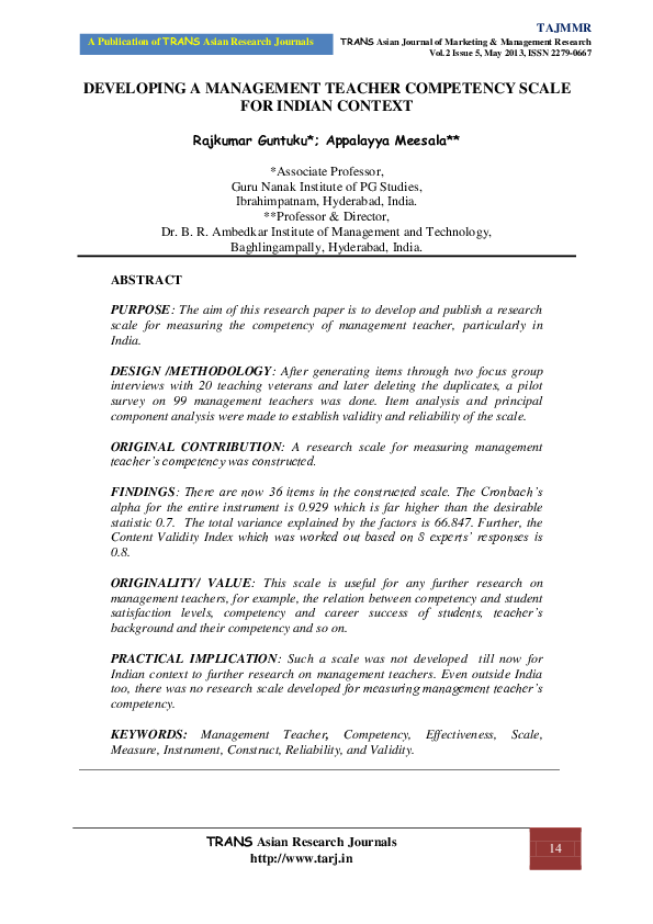 (PDF) Developing a Management Teacher Competency Scale for Indian Context