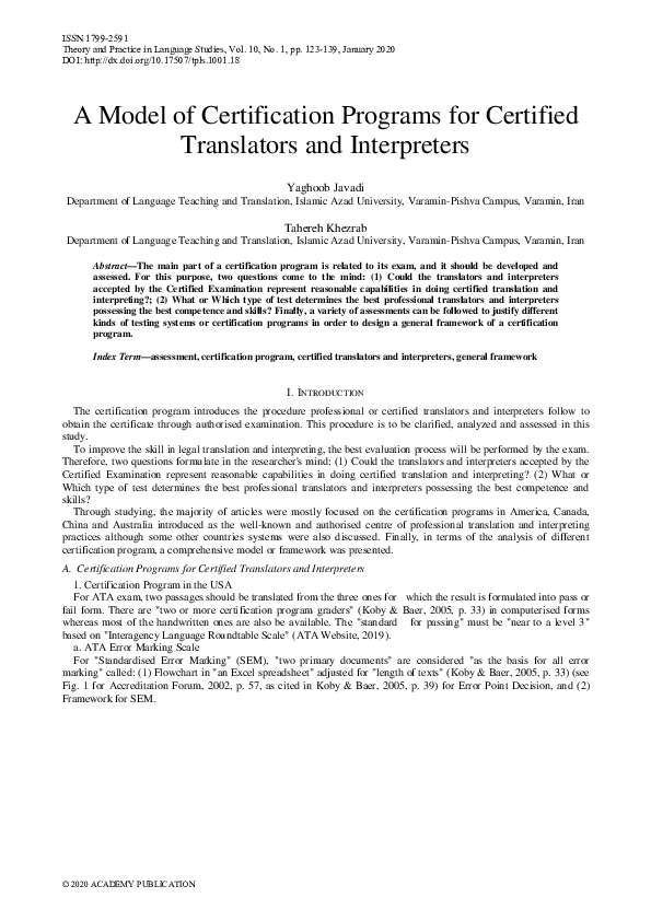 (PDF) A Model of Certification Programs for Certified Translators and ...