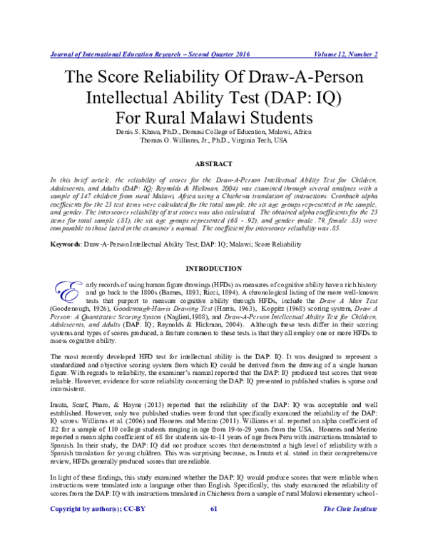(PDF) The Score Reliability Of Draw-A-Person Intellectual Ability Test ...