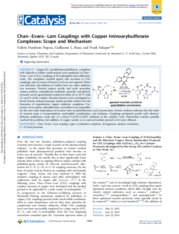 (PDF) Chan–Evans–Lam Couplings with Copper Iminoarylsulfonate Complexes: Scope and Mechanism