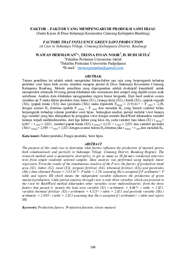 (PDF) FAKTOR – FAKTOR YANG MEMPENGARUHI PRODUKSI SAWI HIJAU (Suatu Kasus di Desa Sukamaju ...