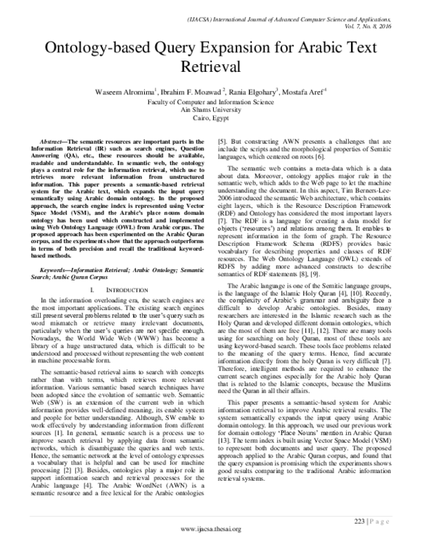 (PDF) Ontology-based Query Expansion for Arabic Text Retrieval