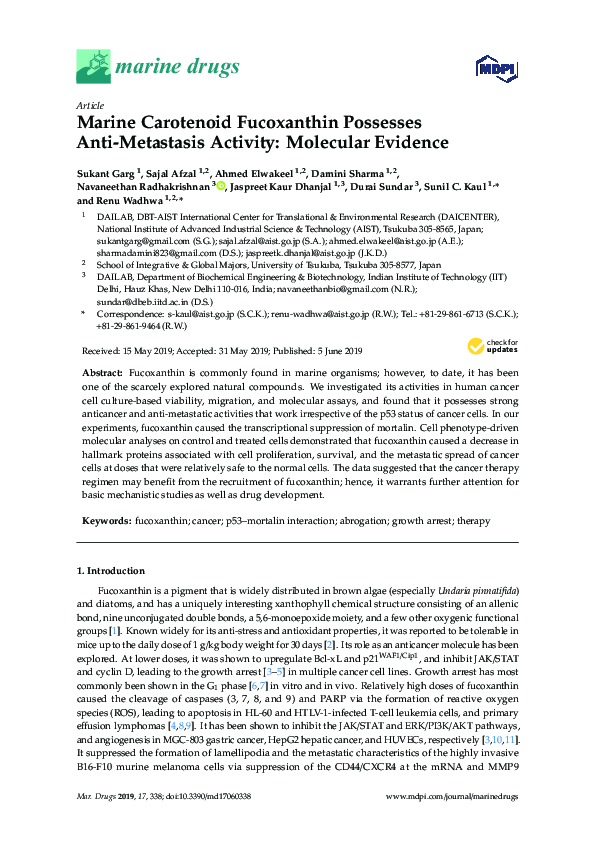 (PDF) Marine Carotenoid Fucoxanthin Possesses Anti-Metastasis Activity: Molecular Evidence